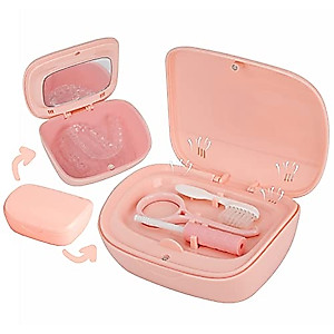 MURRI&MURRDI Retainer Case,Denture Case,Denture Bath Box with Strainer Basket,Cute Denture Holder Storage Soak Container for Travel Cleaning, Mouth Guard Case, Braces cleaner Cup (H Pink)