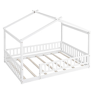 Harper & Bright Designs Full House Bed with Rails,Full Floor Bed for Kids,Full Size Montessori Bed Frame with Support Slats,Wooden Kids Full Playhouse Beds for Boys Girls(White)
