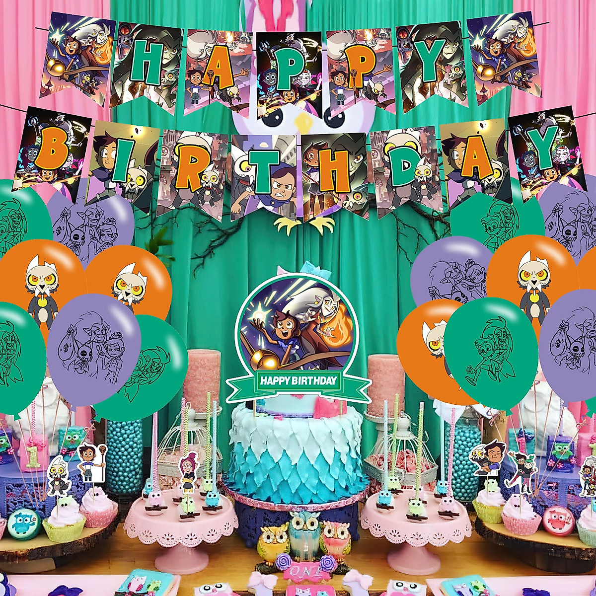 The Owl house Birthday Party Decorations, Owl house Cartoon Theme Party Supplies set with Happy Birthday Banner,Cake Cupcake Toppers,Balloons for Adults Party Favors
