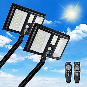 PEZOTA Solar Street Lights Outdoor, IP65 Waterproof Solar Powered Flood Lights with Motion Sensor & Remote Control for Patio Yard Garden Front Door, 138LEDs, Black (2 Pack)