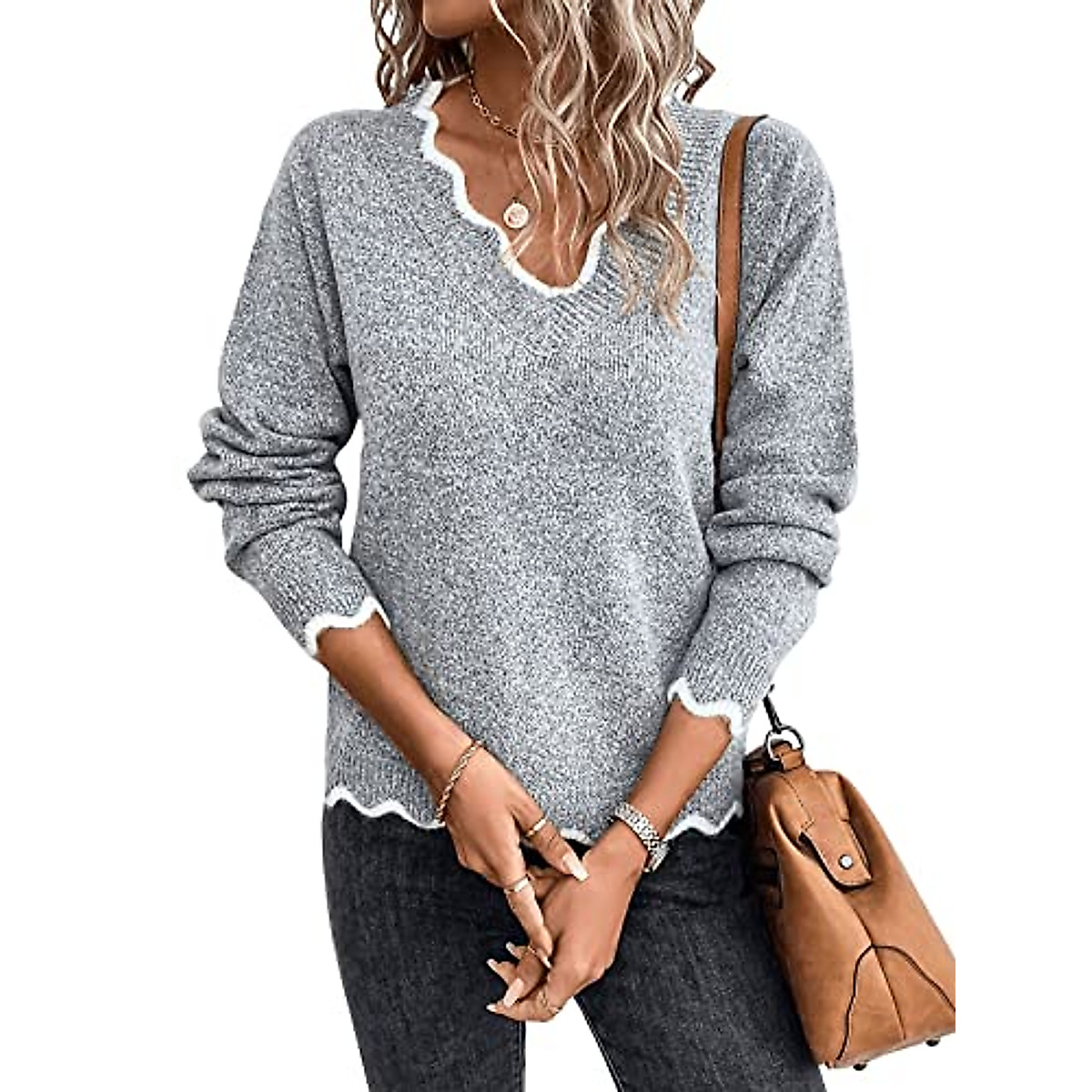 SweatyRocks Women's Long Sleeve V Neck Ribbed Knit Top Scallop Trim Drop Shoulder Pullover Sweater Light Grey M