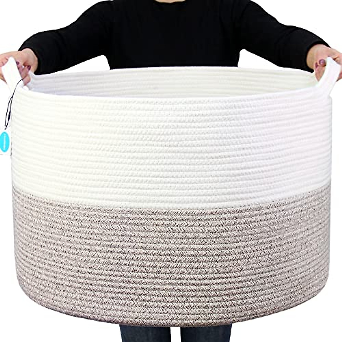 Casaphoria XXXLarge Cotton Rope Basket 21.7" x 21.7" x 13.8" Woven Laundry Blanket Basket Basket with Handle Storage Comforter Cushions Thread Laundry Hamper