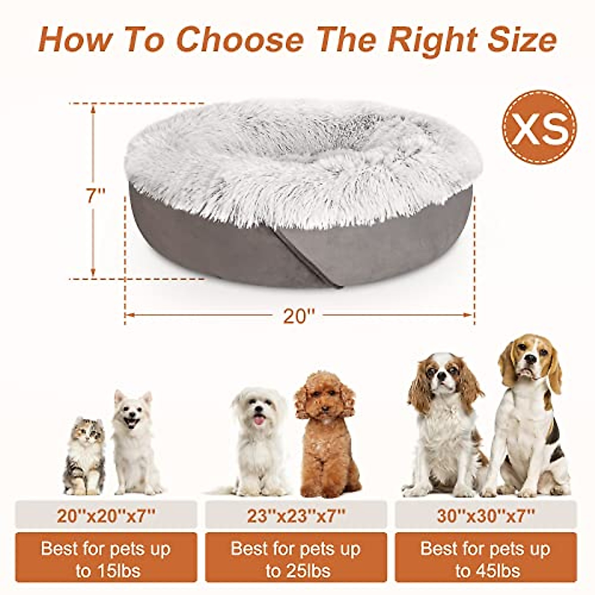 JOEJOY Small Dog Bed & Cat Bed, Anti-Anxiety Puppy Cuddler, Cozy Soft Round Fluffy Plush Pet Bed, Machine Washable, Anti-Slip Bottom (20", Grey)