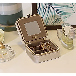 BLUTETE Travel Jewelry Box Organizer Velvet Travel Case With Mirror Ring Earrings Necklaces Storage Organizer Box (Champagne)
