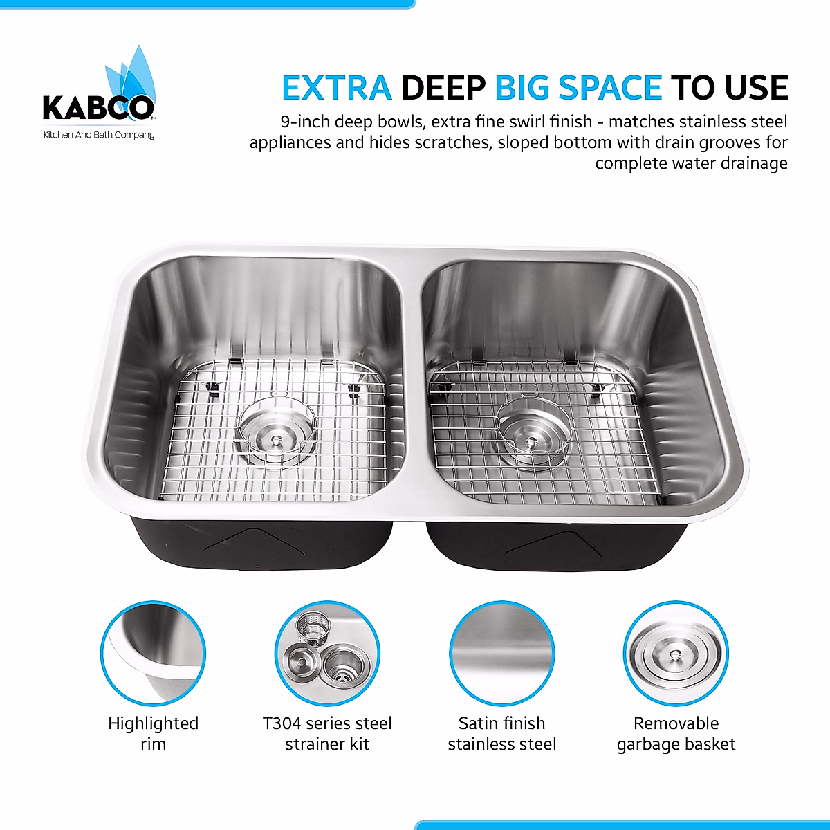 KABCO 32 Inch Big Double Equal Bowl Stainless Steel Classic Kitchen Sink, Rust Sound and Heatproof Undermount Sink with Sink Strainers, Removable Baskets, Sink Grids, and a Rolling Up Grid
