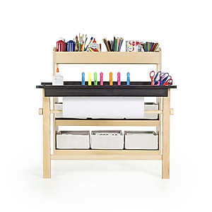 Guidecraft Deluxe Art Center: Drawing and Painting Table for Kids, W/ Two Stools, Craft Supplies Storage Shelves, Canvas Bins, Paper Roll – Preschool Toddler Wooden Learning Furniture