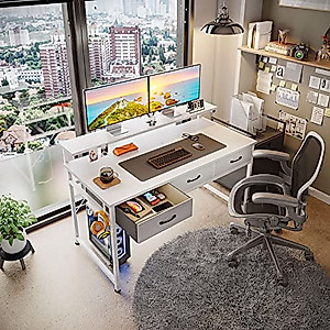 ODK 48 Inch Computer Desk with 3 Drawer and Large Storage Shelves, Home Office Desk with Monitor Shelf, Modern Work Writing Study Desk, White