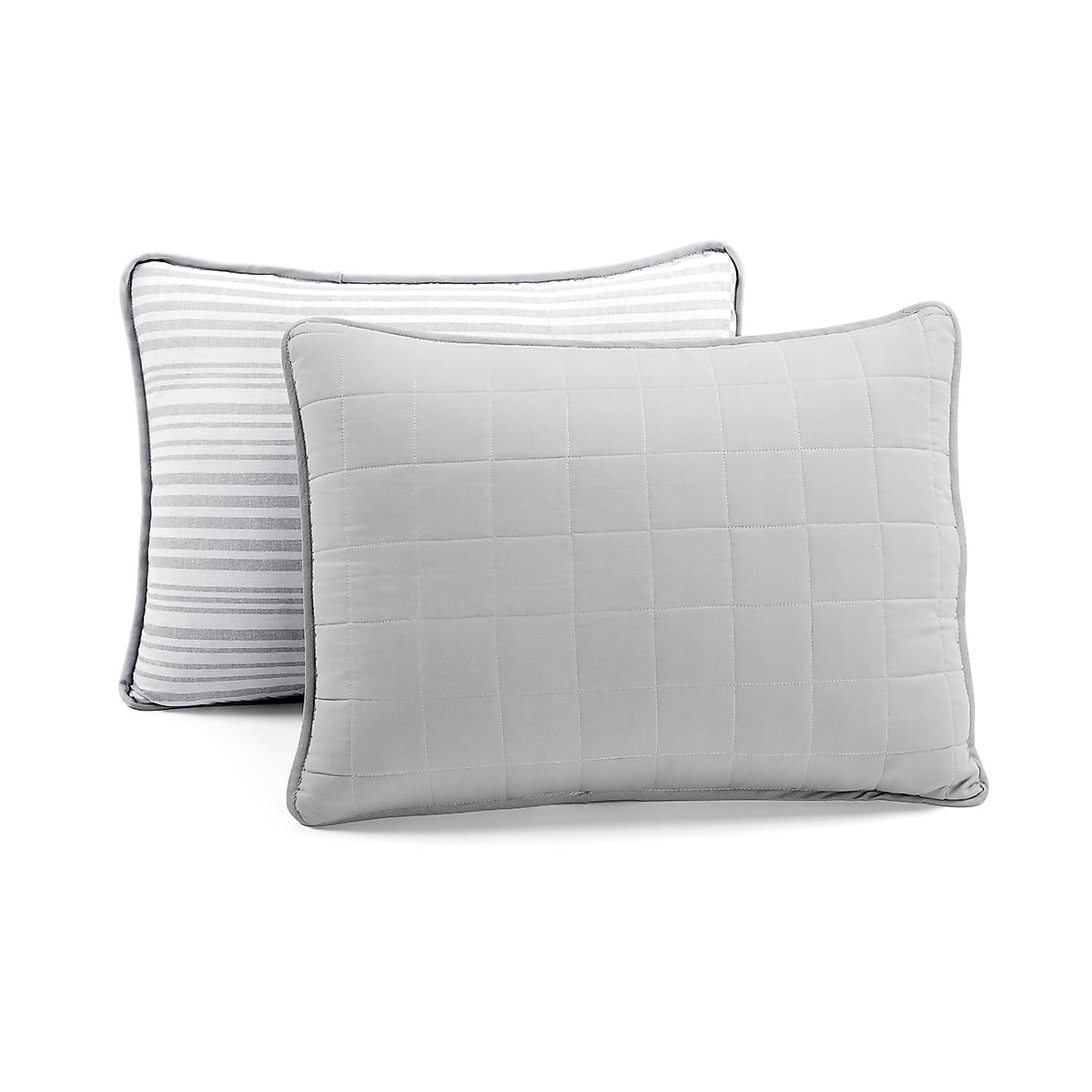 Lush Decor Farmhouse Box Stitch and Stripe Oversized Reversible Cotton 3 Piece Quilt Set, King, Gray