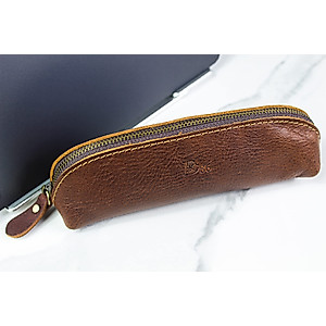 DK86 Leather Zipper Pen Case Pouch Holder Bag - Small Travel Makeup Cosmetic Bag (Full Grain Leather - brown)