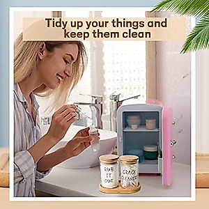 6 Pieces Apothecary Jars with Lids Cotton Swab Holder Bathroom Decor Glass Jars with Bamboo Tray for Cotton Ball Holder Bamboo Vanity Tray Bathroom Canisters for Bathroom Storage Organizer