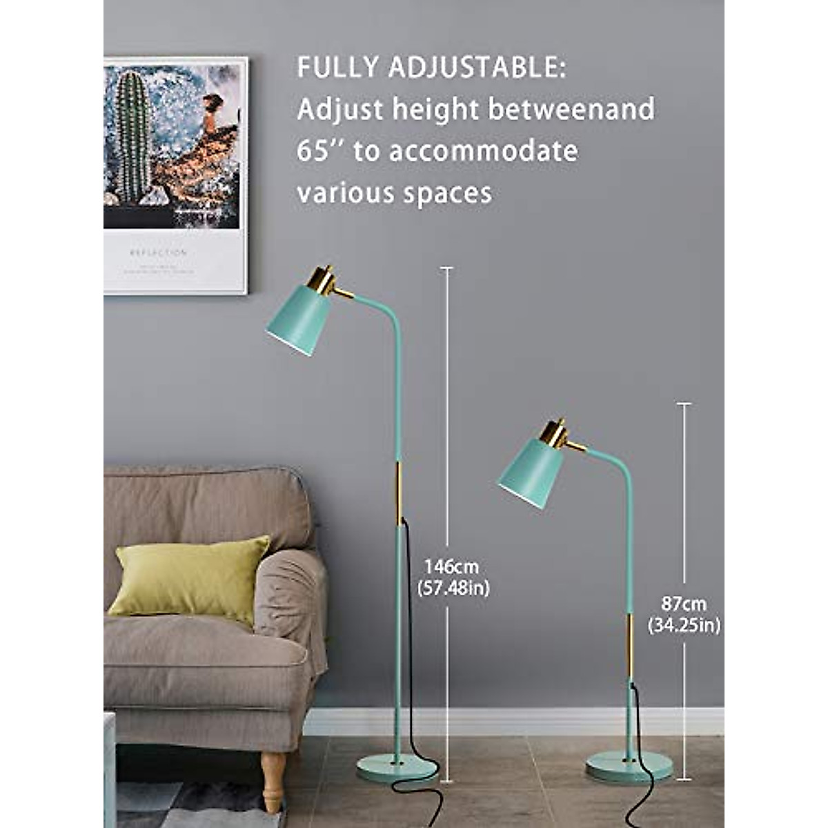 Floor Lamp, Industrial Floor Lamps for Living Rooms Rustic Farmhouse Reading Standing Floor Lamp Adjustable Metal Heads Indoor Task Lighting for Living Room Bedroom Office Home Décor (Green)