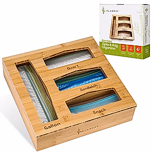 Planksy Ziplock Bag Organizer - Durable Bamboo Bag Storage Organizer with 4 Compartments - Wall Mount Bamboo Kitchen Organizer for Snack/Gallon/Sandwich/Quart Plastic Bags - 12 x 12 x 3 inch