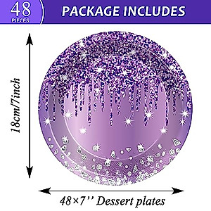 48 PCS Purple Silver Plates for Glitter Diamonds Happy Birthday Decorations Purple and Silver Birthday Theme Dessert Plates for Girls Women Purple Dinner Plate Glitter Diamonds Birthday Party Supplies