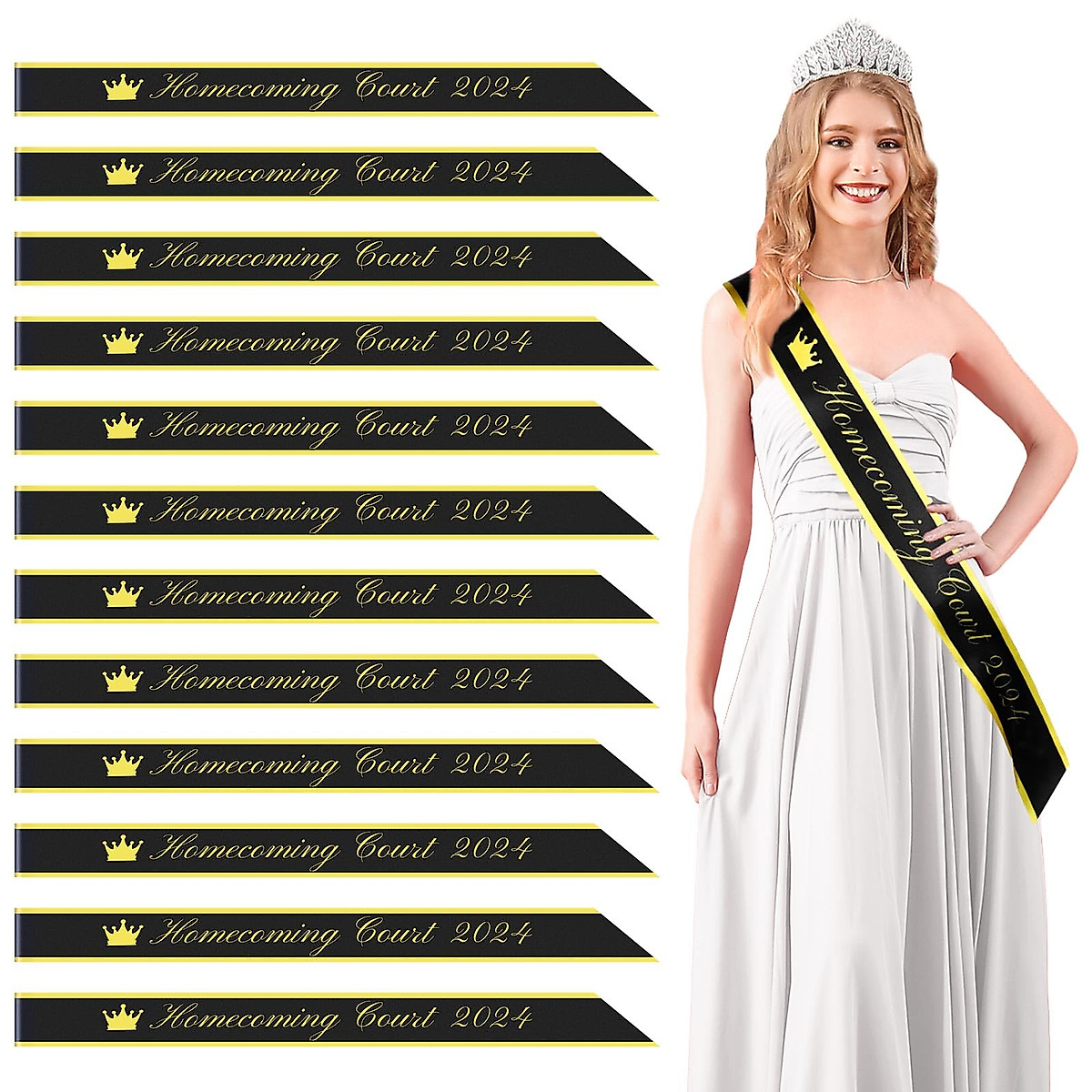 Lasnten 12 Packs Homecoming Court 2024 Sash 72 Inches x 4 Inches Satin Homecoming Sash Bulk for Pageants High School Party Dance Graduation Queen Accessories(Black)