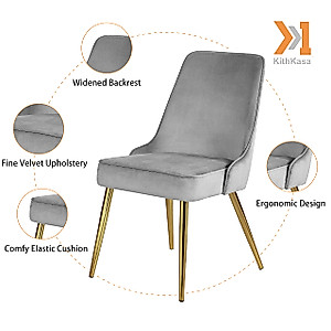 KithKasa Velvet Dining Upholstered Sets of 2 Mid-Century Modern Chair with Gold Legs for Kitchen Room, Gray