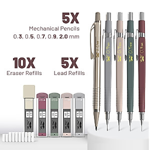 Mr. Pen- Mechanical Pencil Set with Leads and Eraser Refills, 5 Sizes - 0.3, 0.5, 0.7, 0.9 and 2 Millimeters, Sketching Pencils, Drafting Pencil, Mechanical Pencils for Drawing and Sketching