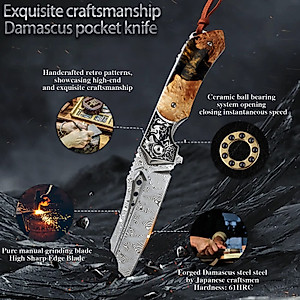 Minowe Japan Handmade Damascus steel steel Folding Pocket Knife，3.5 in High hardness blade，Frame Lock，With Leather Sheath，resin and Maple handle，Mountaineering go fishing hunting Adventure Knifee