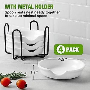 4 Pack Ceramic Spoon Rest with Metal Holder, Gencywe 4.8 inch Spoon Holder for Kitchen, Spoon Rest for Stove Top, Coffee Spoon Rest for Spoons, Ladles, Tong, Cooking Utensil Rest, Housewarming Gifts