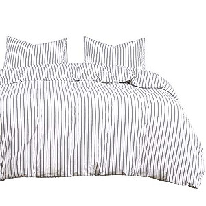 Wake In Cloud - Striped Cotton Duvet Cover Set, Ticking Stripe Vertical Pinstripe Farmhouse, 100% Washed Cotton Textured Percale Bedding Set, 3 Pieces, White, King Size