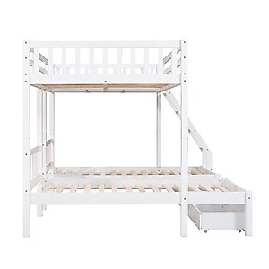Wood Triple Bunk Bed Full Over Twin &Twin Bunk Beds for 3, Wooden Triple Beds Frame with Drawers and Guardrails for Kids,Teens, Adults, No Box Spring Needed (White)