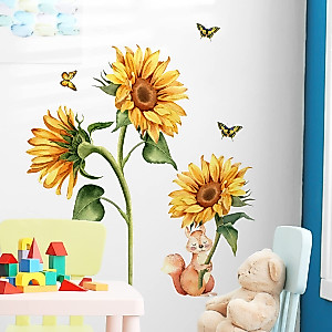 Pinenjoy Sunflower and Squirrel Wall Decal Yellow Flower Butterfly Wall Stickers 28x31inch Removable Self-Adhesive Vinyl Floral Wall Clings for Living Room Nursery Bedroom TV Sofa Decorations