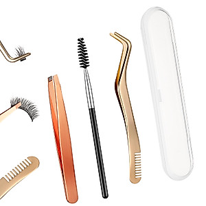 Lasnten 4 Pcs Eyelash Applicator Tool, Lash Tweezers for Eyelash Extensions, Stainless Steel Lash Cluster Tweezers Brush with Little Boxes, DIY Lash Applicator Tweezers Set(Gold)