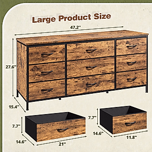 EnHomee Dresser TV Stand with 9 Drawers for 60'' TV Stand for Bedroom Long Dresser for Bedroom Wide Dressers & Chests of Drawers, Sturdy Metal Frame & Wood Top, Living Room, Closet, Rustic Brown