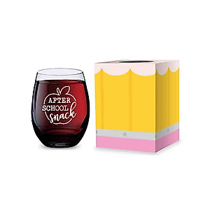 GSM Brands Stemless Wine Glass for Teachers (After School Snack) Made of Unbreakable Tritan Plastic and Dishwasher Safe - 16 ounces