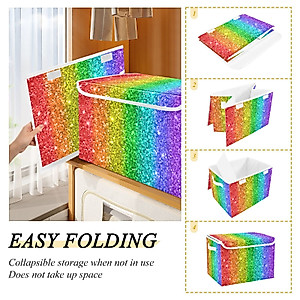Krafig Rainbow Glitter Decorative Storage Box with Lid Large Bins Baskets Collapsible Cube Organizer Foldable Containers for Organizing, Toy, Playroom, Shelf, Closet