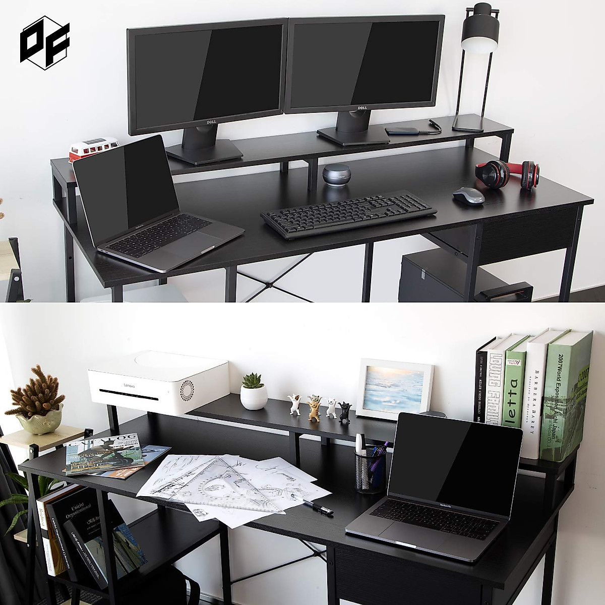 OUTFINE Desk Computer Desk Office Desk with Wodden Drawer, Monitor Stand and Storage Shelves