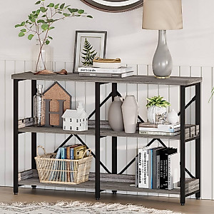 BON AUGURE Industrial Entryway Table and Small 3 Tier Bookshelf, Wood and Metal Furniture Set for Living Room, Bedroom, Kitchen, Home Office (Dark Grey Oak)