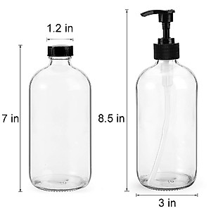 Yarlung 4 Pack 16 Oz Glass Pump Bottles, Clear Refillable Containers Glass Soap Dispenser for Essential Oils, Lotions, Cleaning Products, 4 Black Caps 6 Labels