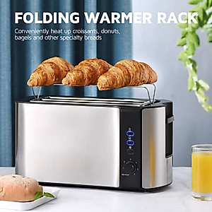 Toaster 4 Slice, 10'' Long Slot Toaster 2 Slice, Extra-Wide Stainless Steel Toasters, 4 Slice Toaster, Warming Rack & 6 Shade Settings, Defrost/Reheat/Cancel, Toaster for Croissants Bread(Silver)