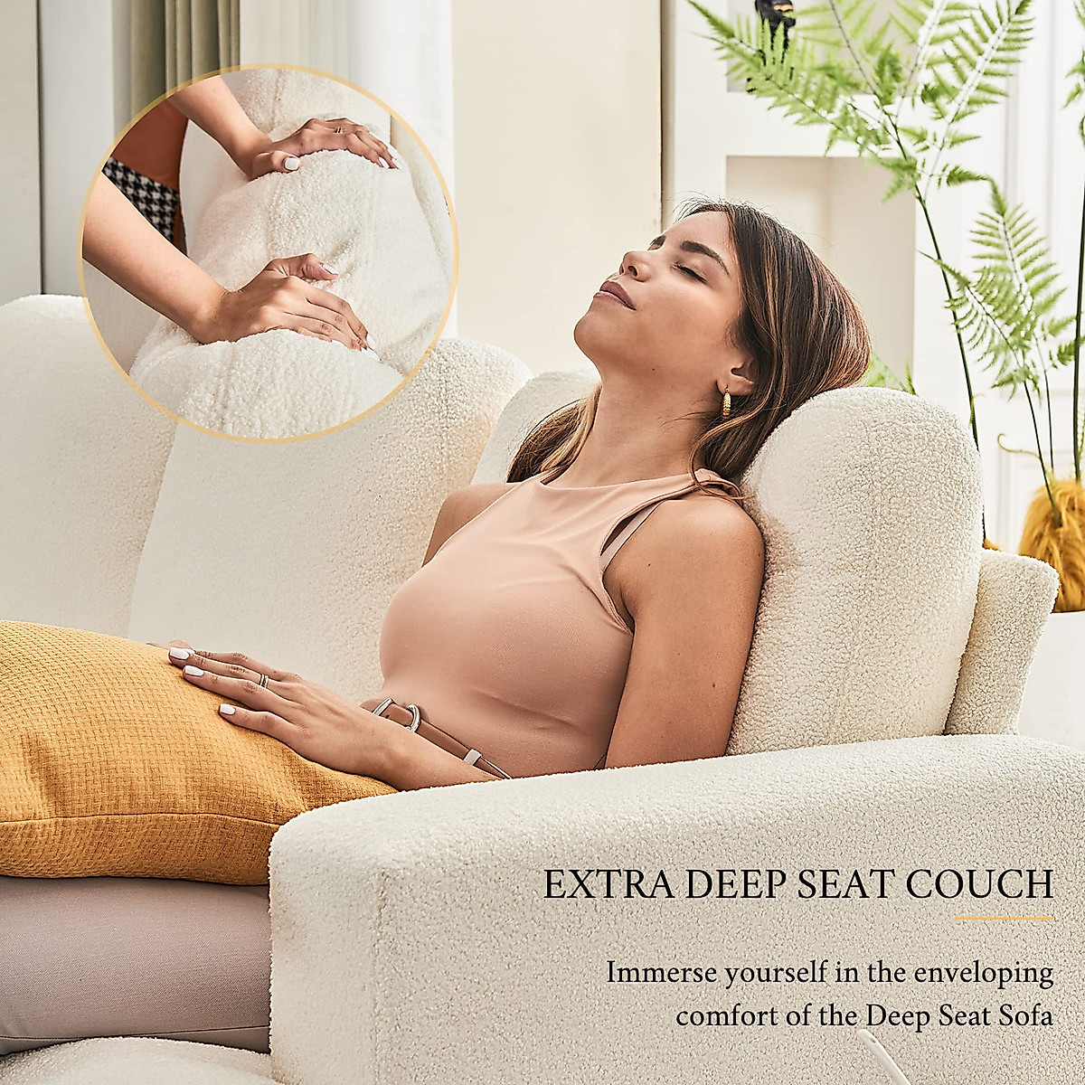 VanAcc Sofa, Comfy Sofa Couch with Extra Deep Seats, Modern Sofa- 3 Seater Sofa, Couch for Living Room Apartment Lounge, Offwhite Bouclé