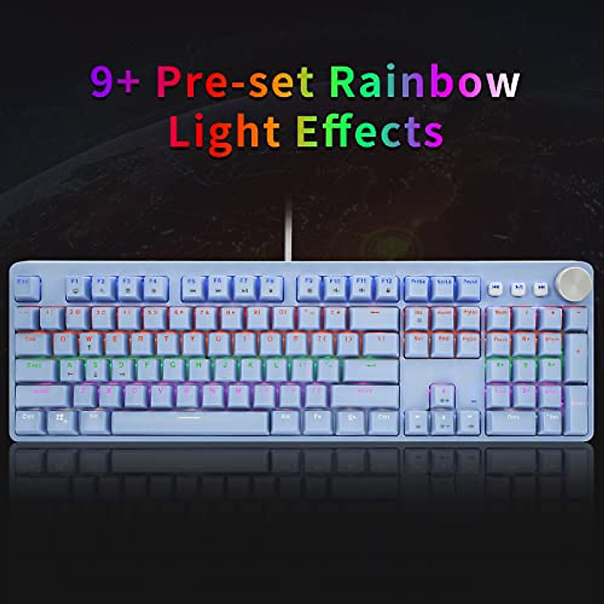 HUO JI BT-855 Mechanical Gaming Keyboard, USB Wired with Red Switches, Rainbow LED Backlit, Multimedia Keys, 108 Keys No Conflict, Blue