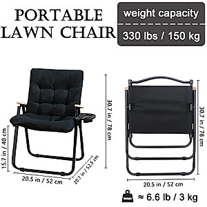 Folding Camping Chair with Detachable Cushion and Cup Holder, Lawn Chair with Arm Rest, Heavy Duty Portable Camping Chair for Adults, Outdoor Chair for Camping, Lawn, Patio, Beach and Fishing, Black