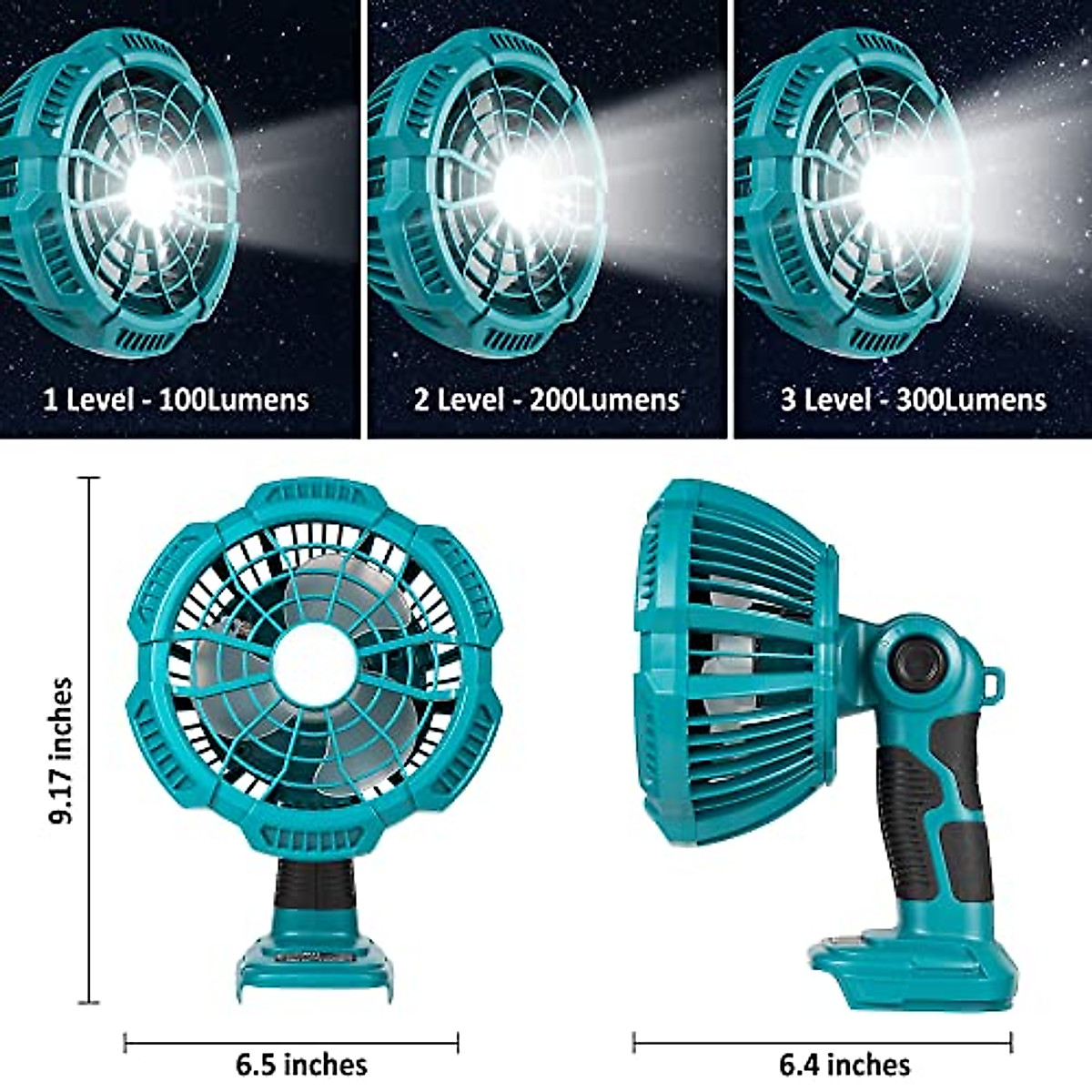 Portable Table Fan, 18V Battery Operated Fan with LED Light, Quiet Small Personal Fan 3 Speed Strong Airflow, Adjustable Tilt Remote Control Rechargeable Fan for Tent, Bedroom, Office, Jobsite
