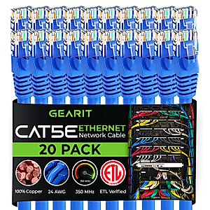 GearIT 20-Pack, Cat5e Ethernet Patch Cable 3 Feet - Snagless RJ45 Computer LAN Network Cord, Blue