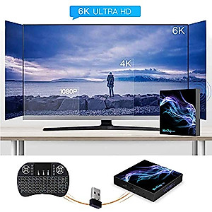 Android 10.0 TV Box,Android TV Box 4GB RAM 32GB ROM with Quad-Core 64bit,Supports 2.4G/5GHz Dual WiFi/BT5.0/ 6K/4K Ultra HD/3D/ H.265 Smart Android TV Box with Backlic Keyboard