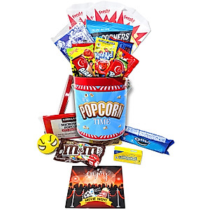 Ultimate Movie Night Gift Basket Snacks, Full-Size candy variety POPCORN LOVER box for Kids and teens, College Students, recovery gift, Family or birthday Gift w/Candy