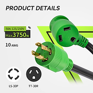 RVMATE 4 Prong 12 Inch 30 Amp to 30 Amp RV Generator Adapter Cord ETL Certified, STW 10/4, L14-30P Male Plug to TT-30R Female Connector with LED Indicator