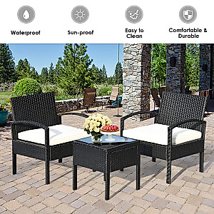 Tangkula AM0583HM 3 Piece Patio Furniture Set with 2 Cushioned Chairs & End Table, Black