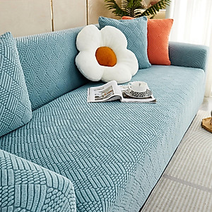 GUYIRT High Stretch Sofa Cover, Dustproof Furniture Protector for 1 2 3 4 Seater Sofa, Anti Slip Sofa Slipcovers with Elastic Strap-Blue-4 Seater(235-300cm)