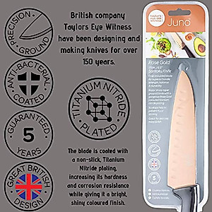 Taylors Eye Witness Juno Rose Gold Santoku Knife - 17cm/6.5 inch Multi-Use Cutting Edge. Precision Taper Ground, Titanium Coated Granton Blade. Strong, Over Moulded Handle. 5 Year Guarantee