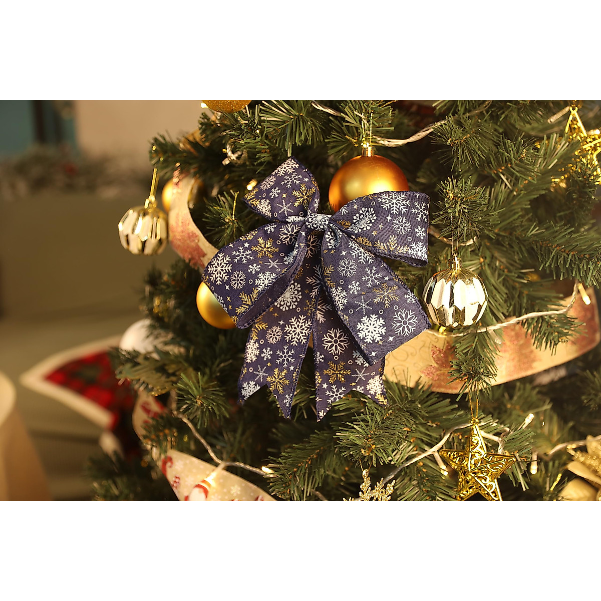 VATIN White/Gold/Blue Snowflake Wired Ribbon Ribbon,2-1/2 Inch x Continuous 10 Yards Spool Christmas Tree Ribbon for Topper Bow,Christmas Wreath,Tree Decoration,Gift Wrapping