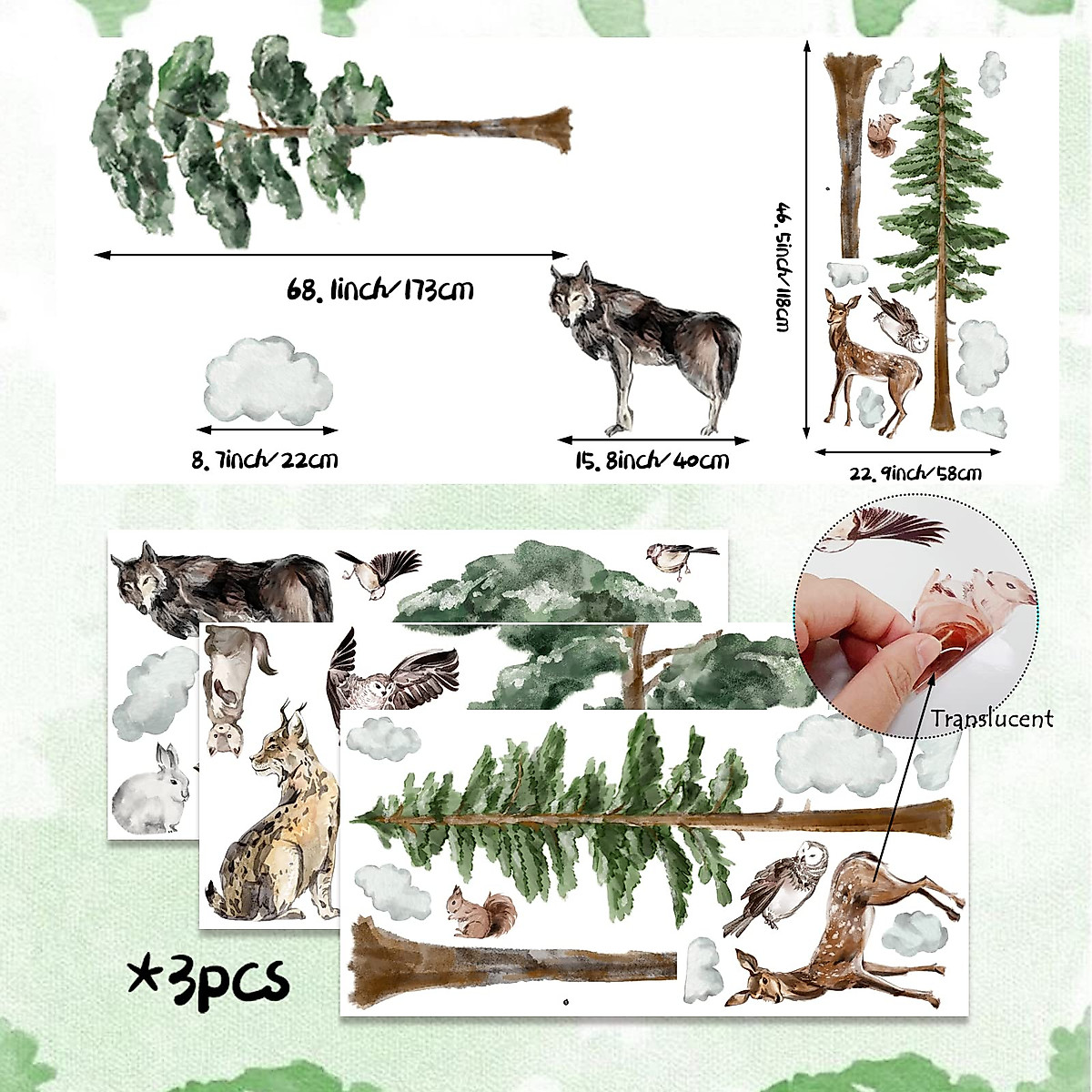 68in X-Large Pine Tree Safari Animals Wall Decals Woodland Nursery Wall Decor Watercolor Forest Animal Wall Decal Peel and Stick Deer Birds Owl Wolf Stickers for Kids Room Wall Art Baby Nursery Decor