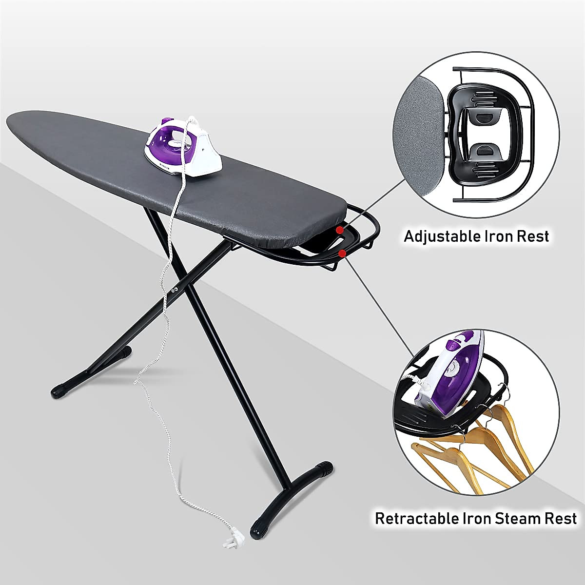Duwee Ironing Board with Retractable and Adjustable Iron Rest, Steel Top Board with 10mm Thicken Felt Pad and Heat Resistant Cover, Heavy Duty Legs,14"x43"