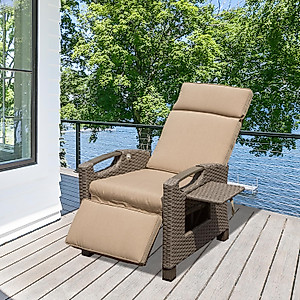 Domi Outdoor Reclining Chairs with Extended Footrest, Adjustable Patio Wicker Lounge Recliner up to 150° with Flip Side Table, Thickness Cushions for Indoor & Outdoor,Beige