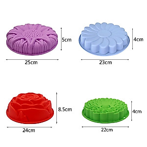4 Pack Flower Shape Silicone Cake Mold, Non-Stick Large Flower Baking Trays Sunflower Chrysanthemum Rose Whirlwind Pattern Bread Pie Flan Tart Mold Silicone Baking Molds Pan for Holiday Birthday Party