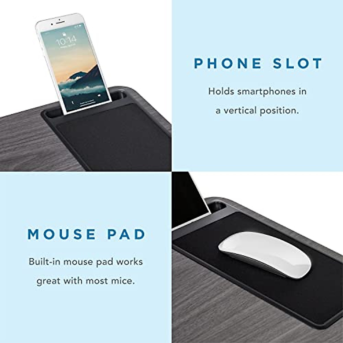 LapGear Home Office Pro Lap Desk with Wrist Rest, Mouse Pad, and Phone Holder - Gray Woodgrain - Fits up to 15.6 Inch Laptops - Style No. 91595